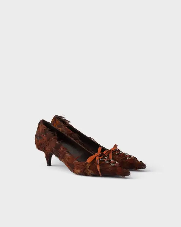 Prada Feather-embellished Satin Pumps - Coffee