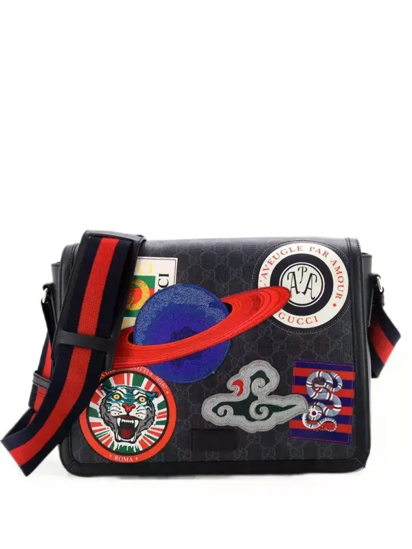 Gucci Night Courrier Flap Messenger Gg Coated Canvas With Applique Large Crossbody Bag - Black