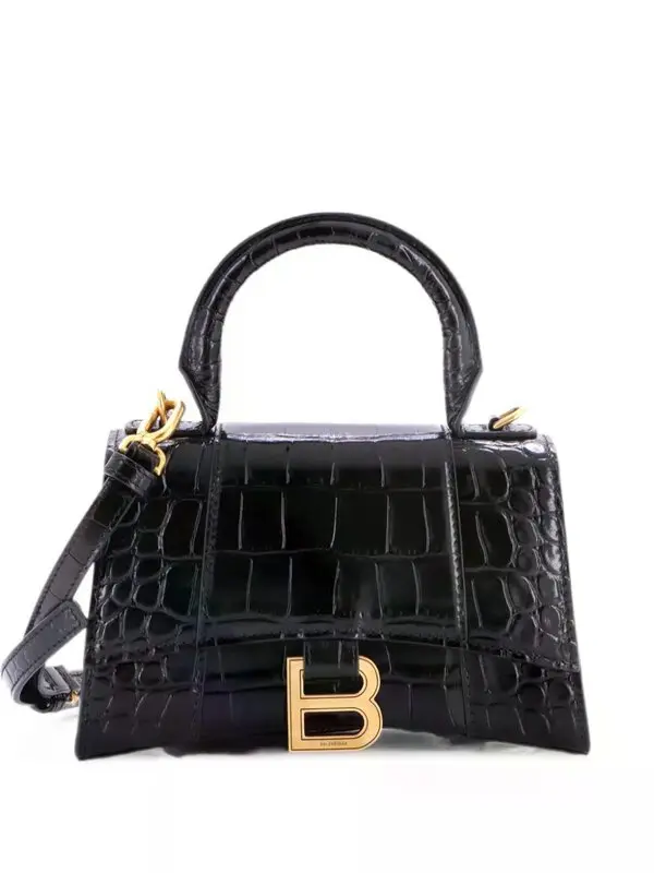 Balenciaga Hourglass Top Handle Bag Crocodile Embossed Leather Xs Satchel - Black