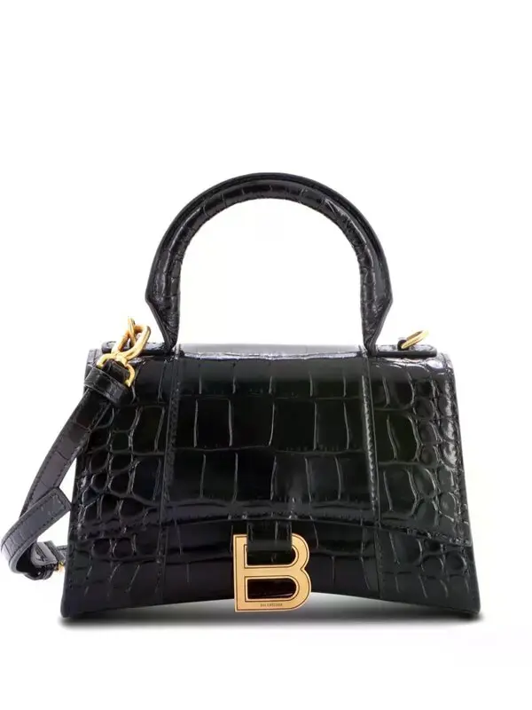 Balenciaga Hourglass Top Handle Bag Crocodile Embossed Leather Xs Satchel - Black