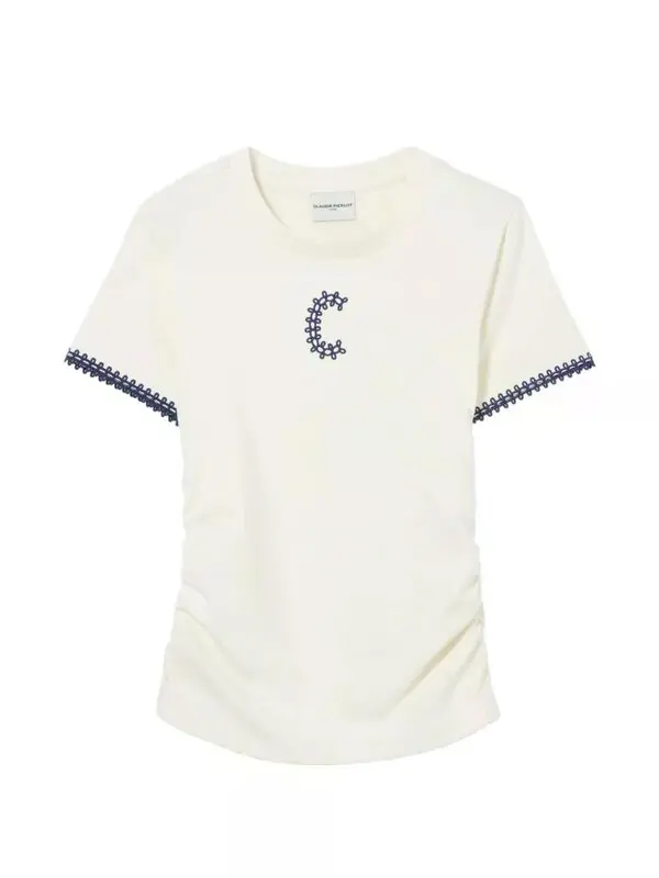 Claudie Pierlot Short Sleeve T-shirt With Draped Effect And Embroidery - Neutrals
