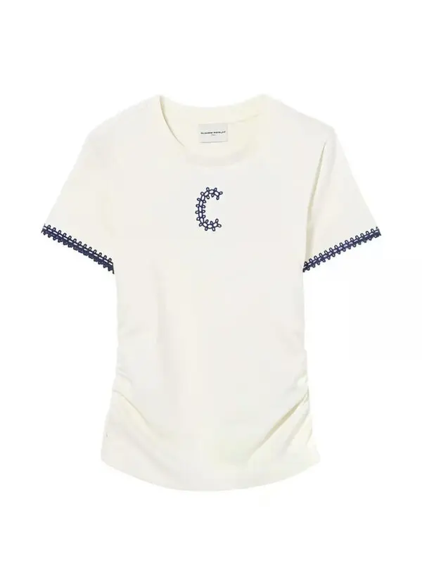 Claudie Pierlot Short Sleeve T-shirt With Draped Effect And Embroidery - Neutrals