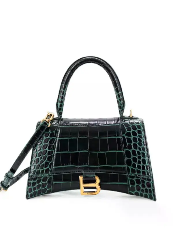 Balenciaga Hourglass Top Handle Bag Crocodile Embossed Leather Small Crossbody Bag - Green