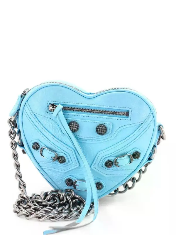 Balenciaga Le Cagole Giant Studs Heart Chain Leather Mini Crossbody Bag - Blue