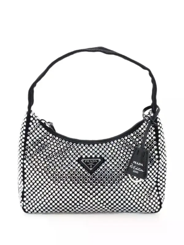 Prada Re-edition 2000 Crystal Embellished Satin Mini Hobo Bag - Black