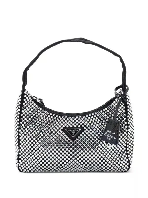 Prada Re-edition 2000 Crystal Embellished Satin Mini Hobo Bag - Black
