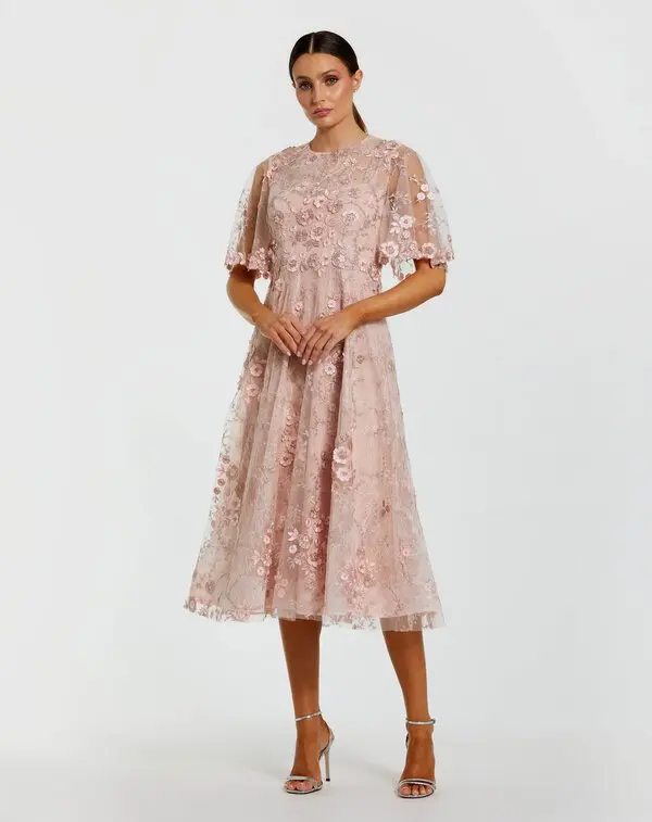 Mac Duggal Petite Flutter Sleeve Embroidered Midi Dress - Pink