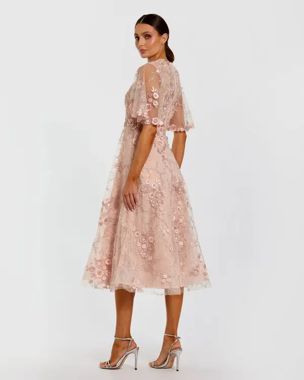 Mac Duggal Petite Flutter Sleeve Embroidered Midi Dress