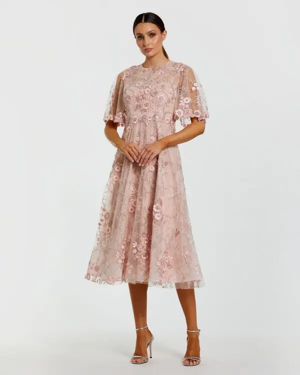 Mac Duggal Petite Flutter Sleeve Embroidered Midi Dress - Pink