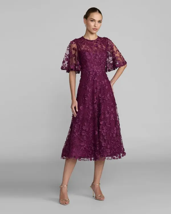 Mac Duggal Petite Flutter Sleeve Embroidered Midi Dress - Purple