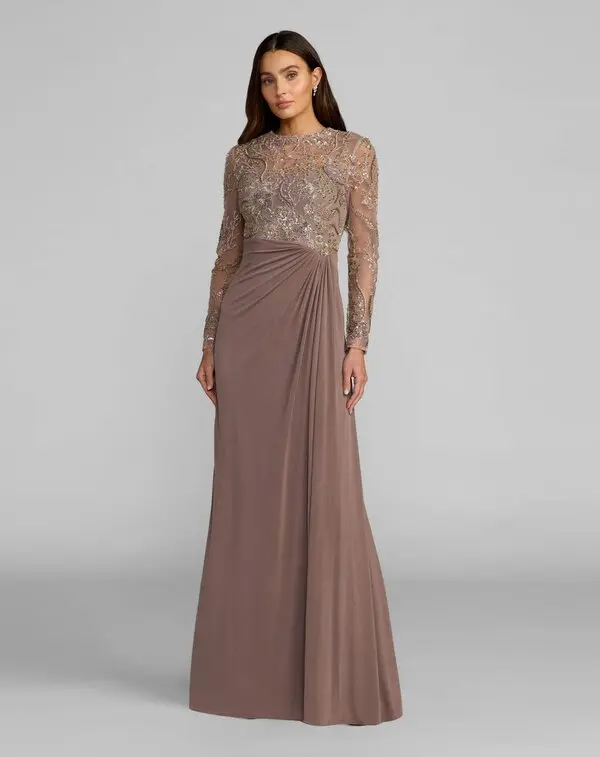 Mac Duggal Petite Embroidered Illusion Long Sleeve Draped Gown - Brown