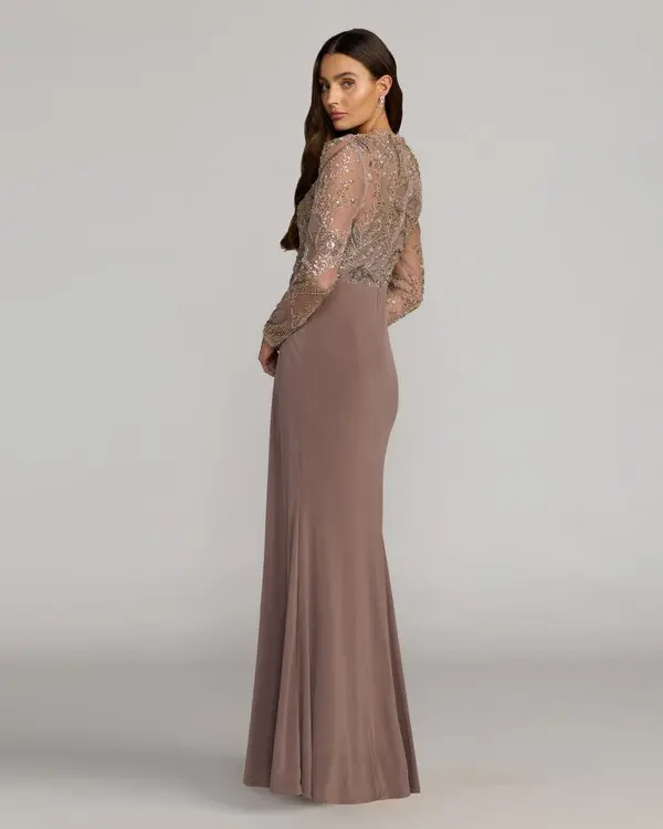 Mac Duggal Petite Embroidered Illusion Long Sleeve Draped Gown