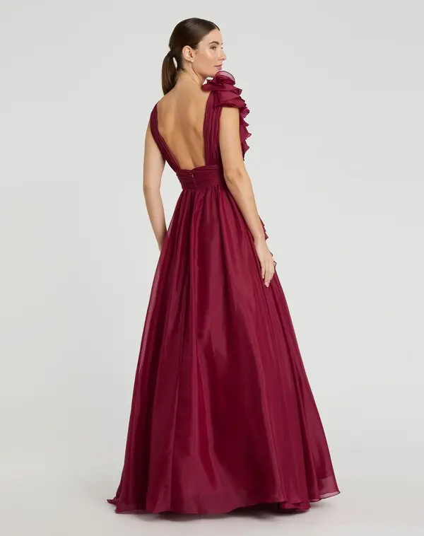 Mac Duggal Petite Chiffon Gown With Ruffled Shoulder - Red