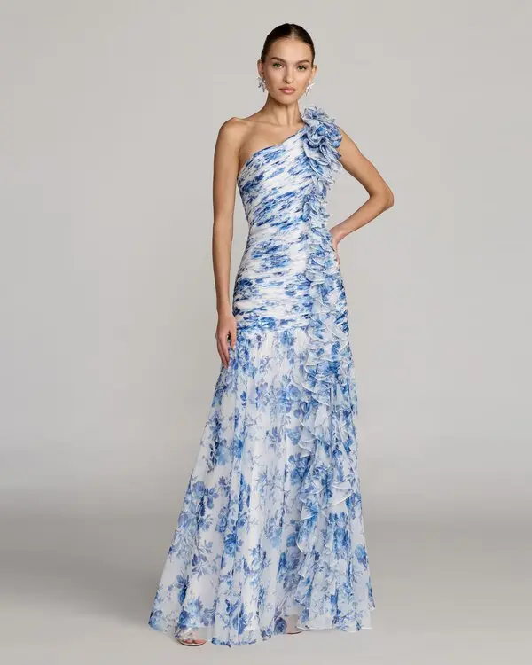 Mac Duggal Petite Ruched Floral Chiffon Gown With 3d Ruffles