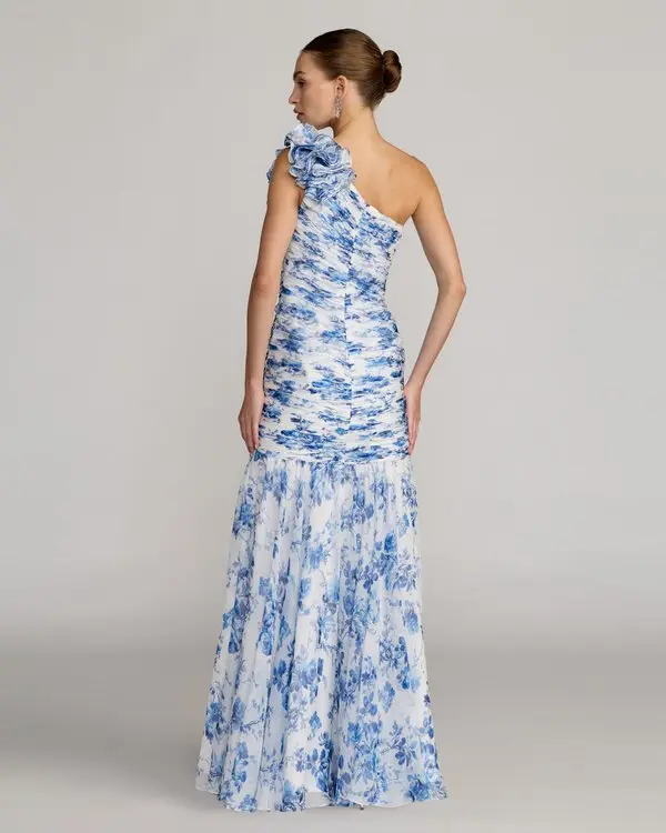 Mac Duggal Petite Ruched Floral Chiffon Gown With 3d Ruffles