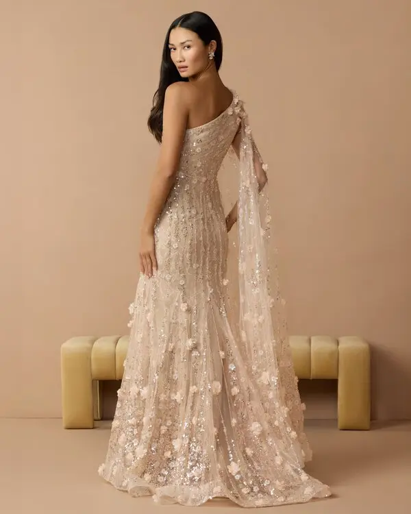 MAC DUGGAL COLLECTION Petite Beige One Shoulder Embellished Gown With Cape Sleeve - Neutral