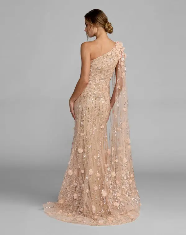 MAC DUGGAL COLLECTION Embellished One Shoulder Gown With Cape Sleeve