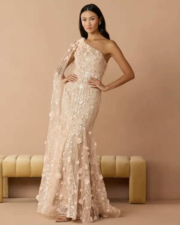 MAC DUGGAL COLLECTION Embellished One Shoulder Gown With Cape Sleeve
