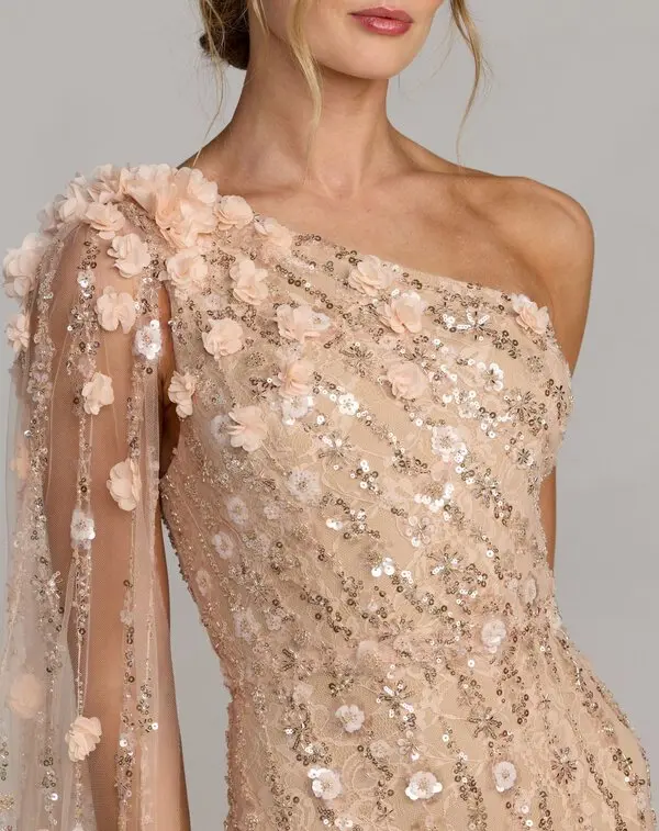 MAC DUGGAL COLLECTION Embellished One Shoulder Gown With Cape Sleeve