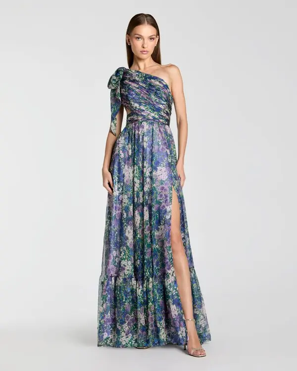 Mac Duggal One Shoulder Floral Printed Chiffon Gown - Lilac Multi