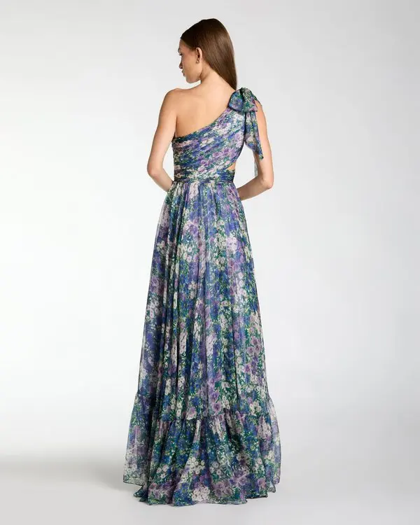 Mac Duggal One Shoulder Floral Printed Chiffon Gown - Lilac Multi