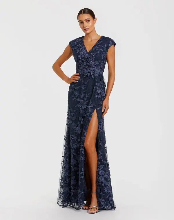 Mac Duggal Petite Faux Wrap Embroidered Cap Sleeve Gown - Navy