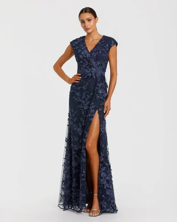 Mac Duggal Petite Faux Wrap Embroidered Cap Sleeve Gown - Navy