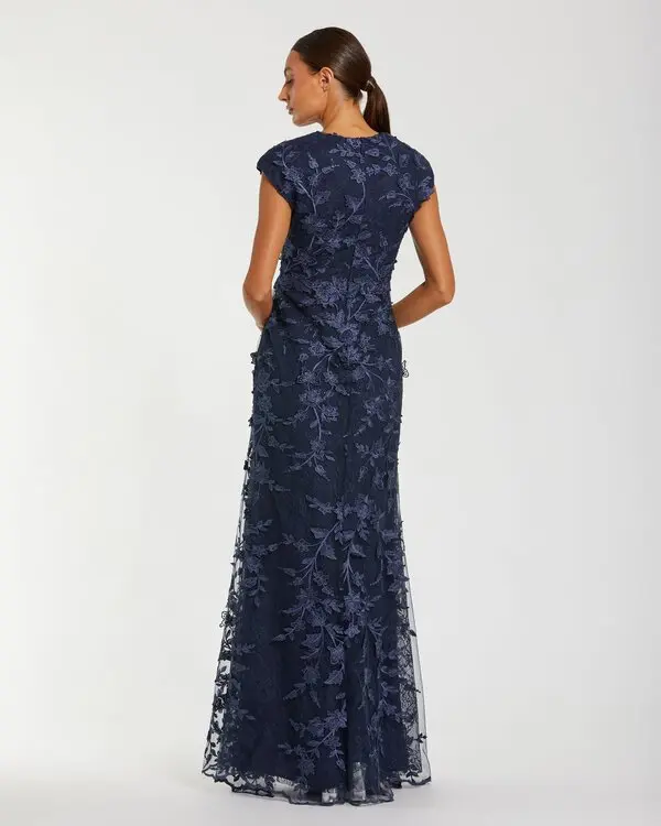 Mac Duggal Petite Faux Wrap Embroidered Cap Sleeve Gown - Navy