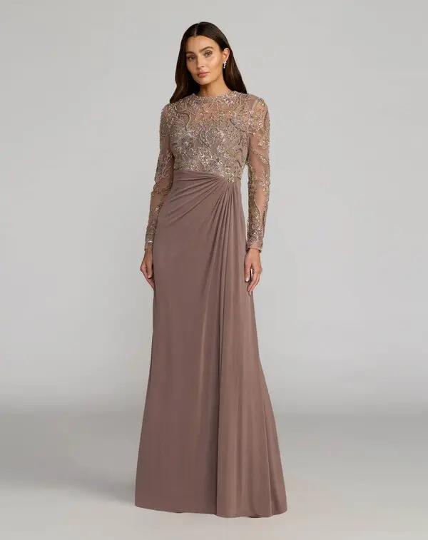 Mac Duggal Embroidered Illusion Long Sleeve Draped Gown