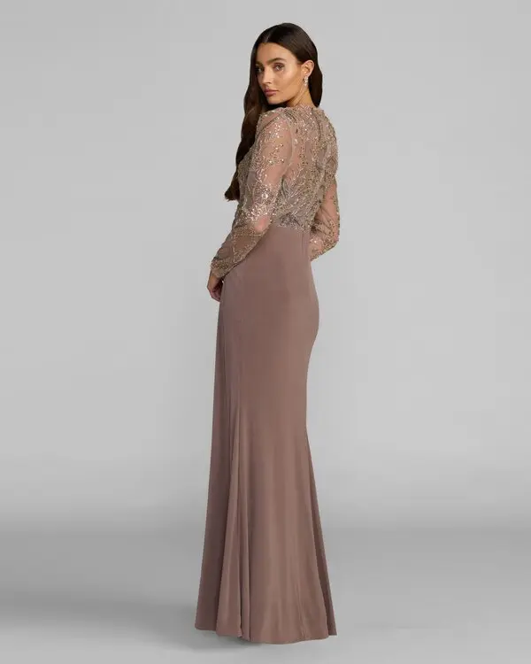 Mac Duggal Embroidered Illusion Long Sleeve Draped Gown