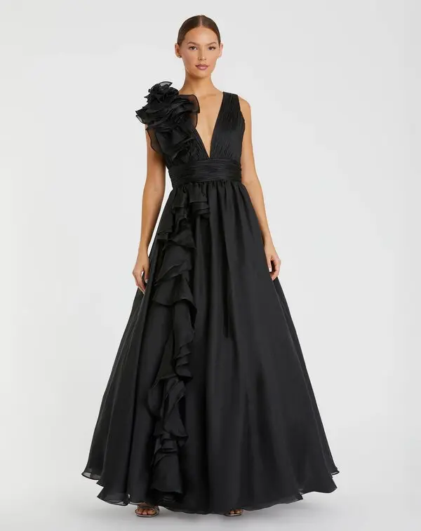Mac Duggal Petite Ruffle Shoulder V-neck Chiffon Gown - Black