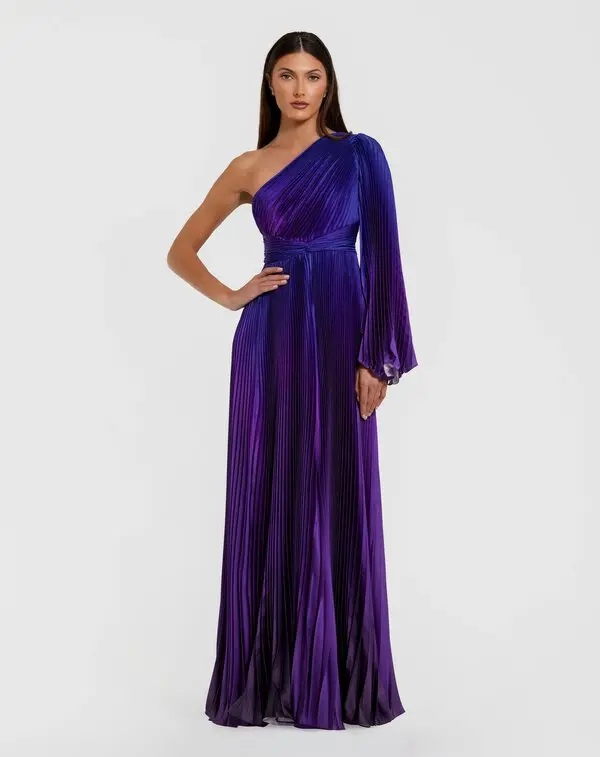 Mac Duggal Pleated Charmeuse One Shoulder Ombre Gown - Purple