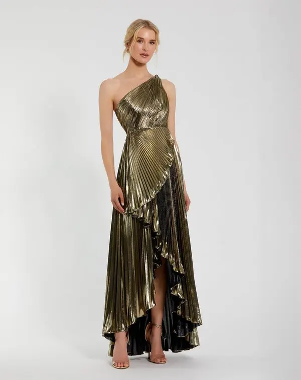 Mac Duggal Petite Metallic Pleated One Shoulder Gown - Gold