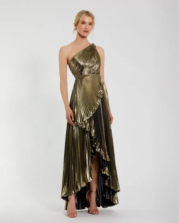 Mac Duggal Petite Metallic One Shoulder Gown - Gold