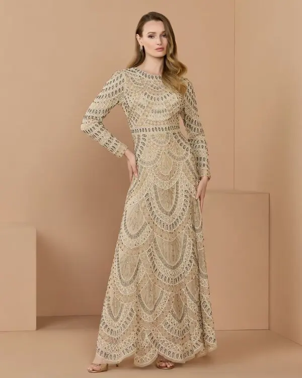 MAC DUGGAL COLLECTION Long Sleeve Hand Beaded A-line Gown