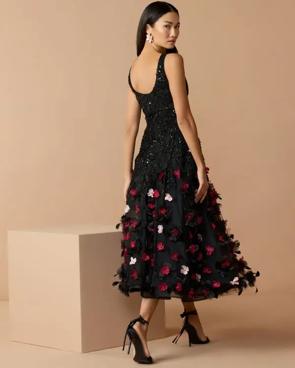 MAC DUGGAL COLLECTION Petite Sleeveless Embellished Midi Dress With 3d Flowers