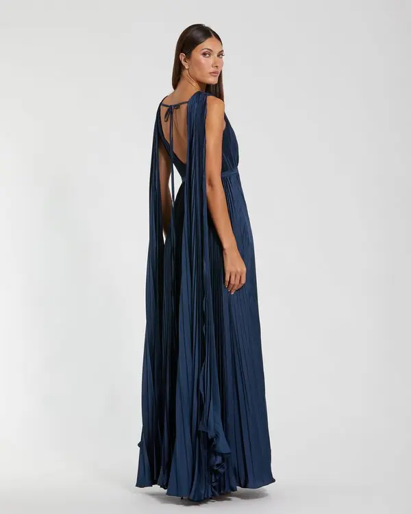 Mac Duggal Pleated Cape Back Gown - Navy