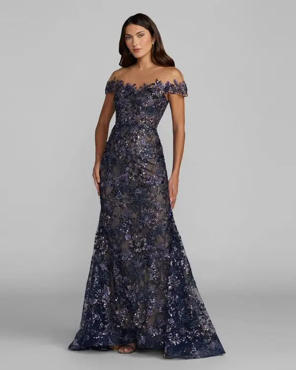 Mac Duggal Navy Embellished Lace Trumpet Gown - Midnight