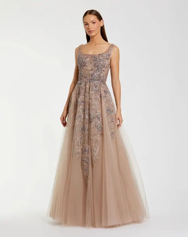 Mac Duggal Brown Hand Embellished Tulle A-line Gown - Mocha