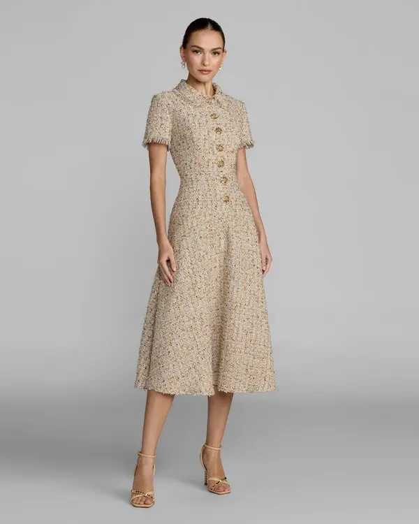Mac Duggal Beige Boucl Midi Dress With Rhinestone Buttons - Ecru Multi