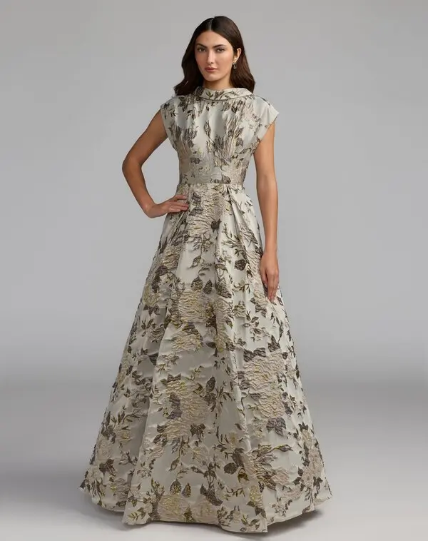 Mac Duggal Silver Floral Brocade Cap Sleeve Ball Gown - Platinum Multi