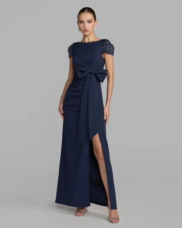 Mac Duggal Beaded Cap Sleeve Crepe Gown With Oversized Bow And Slit