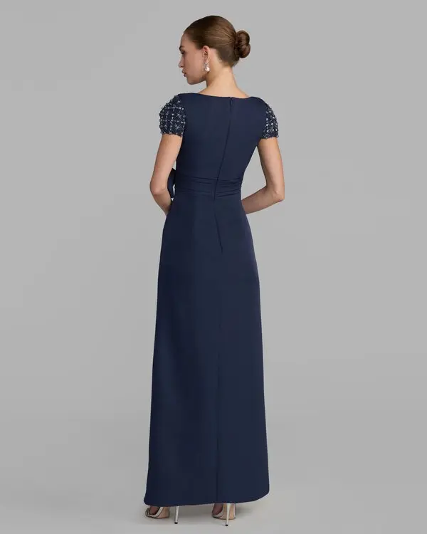Mac Duggal Beaded Cap Sleeve Crepe Gown With Oversized Bow And Slit