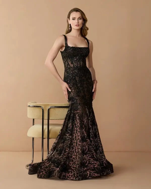 MAC DUGGAL COLLECTION Petite Sleeveless Embellished Lace Mermaid Gown - Black
