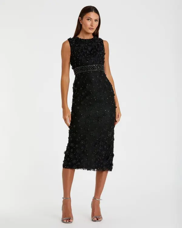 Mac Duggal Petite Floral Applique Sleeveless Midi Dress - Black