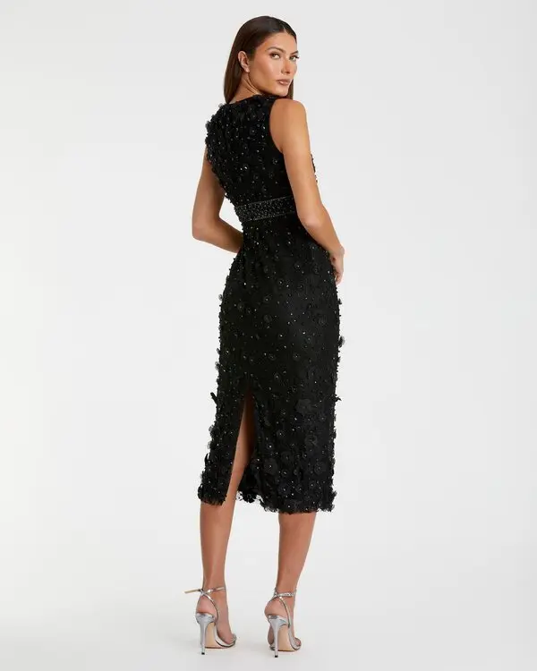 Mac Duggal Petite Floral Applique Sleeveless Midi Dress - Black