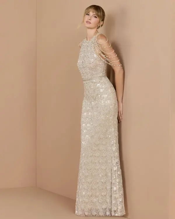 MAC DUGGAL COLLECTION Petite Ivory Draped Pearl Embellished Column Gown