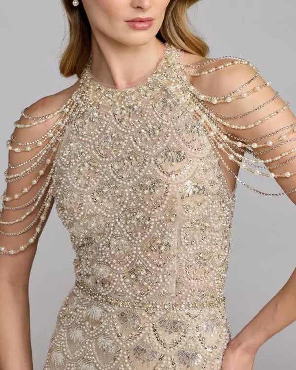 MAC DUGGAL COLLECTION Petite Ivory Draped Pearl Embellished Column Gown