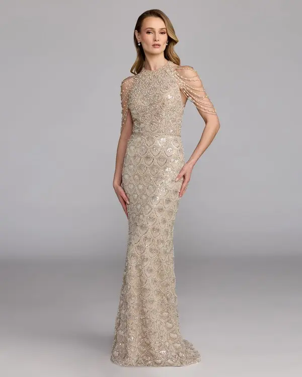 MAC DUGGAL COLLECTION Petite Ivory Draped Pearl Embellished Column Gown