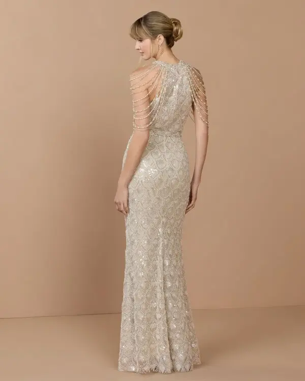 MAC DUGGAL COLLECTION Petite Ivory Draped Pearl Embellished Column Gown
